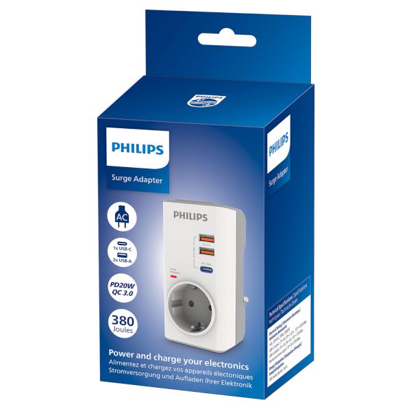 Philips - Surge Protector Single Socket White USB+Type-C - Разклонители